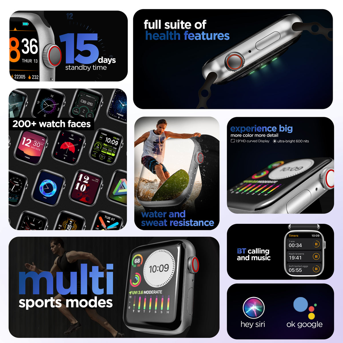 Nu Republic Impulse Smartwatch with 1.9" HD Curved Display, BT Calling ...